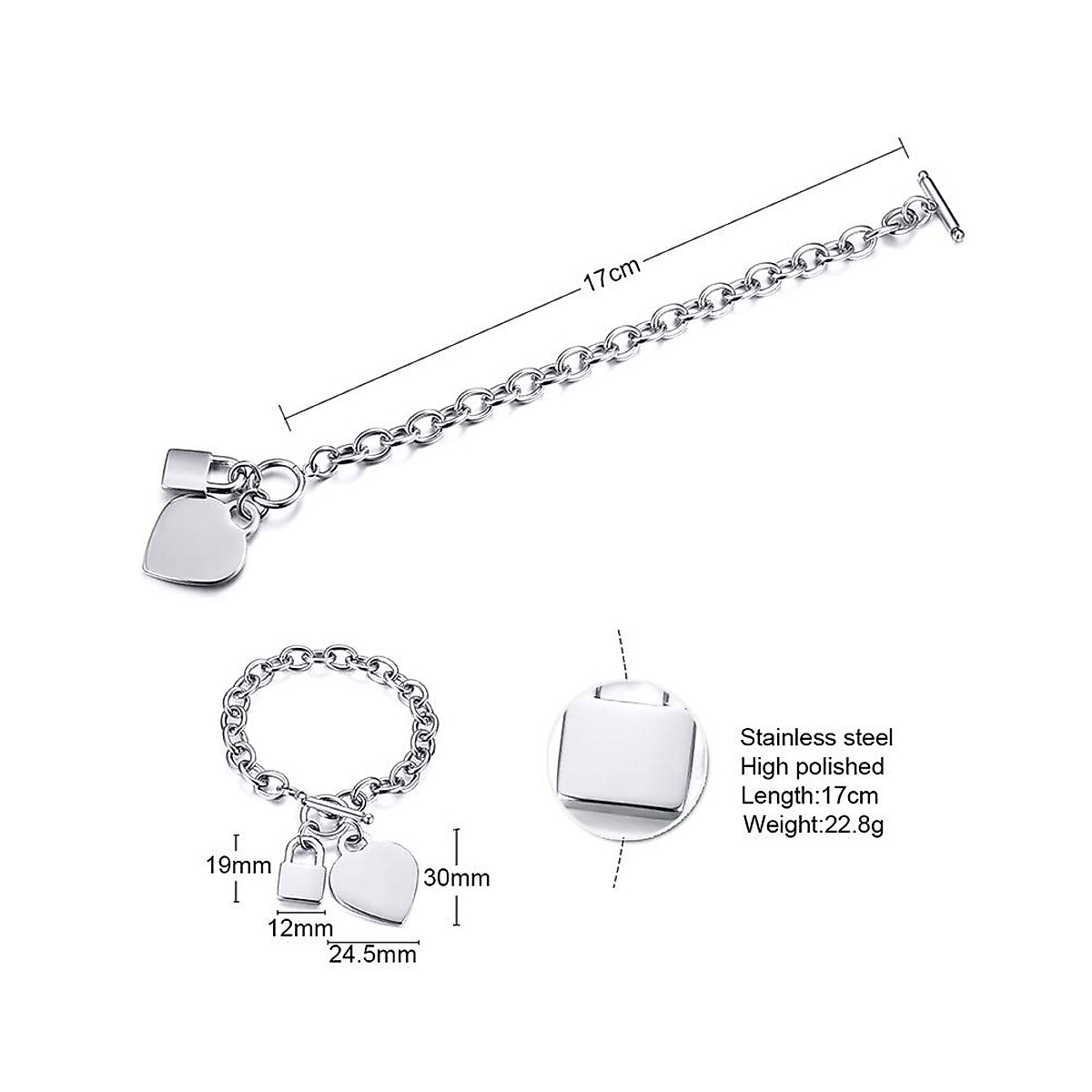 MEALGUET Custom Engraving Stylish Women Medical Alert Bracelet Stainless Steel Lock Heart Charm Link Medical ID Bracelet Toggle & T bar Clasps