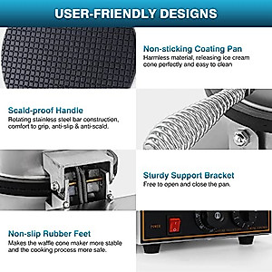 IRONWALLS Commercial Waffle Cone Maker, 1200W 110V Stainless Steel Electric Ice Cream Cone Maker Machine with 8.3” Non-stick Baking Tray, Temperature & Time Control for Restaurant, Coffee Shop