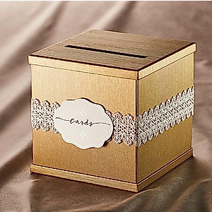 Hayley Cherie® - Gold Gift Card Box with White Lace and Cards Label - 10" x 10" Large Size - For Weddings, Baby Showers, Birthdays, Graduations, Money