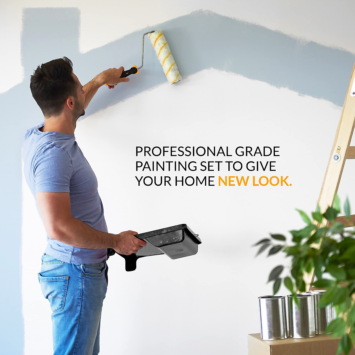 Raulde Paint Roller Kit of 10 Pcs - Includes a Paint Tray, Brush, Large and Mini Rollers & Sleeves, Paint Repellent Masking Tape, Paint Mixer - Roller Set for Painting Walls