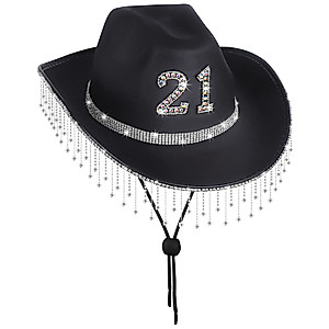 JUSTOTRY 21st Birthday Black Cowboy Hat - 21ST Birth Day Gifts Outfit for Women Cowgirl Hats with Wide Brime for 21st Birthday Decorations…