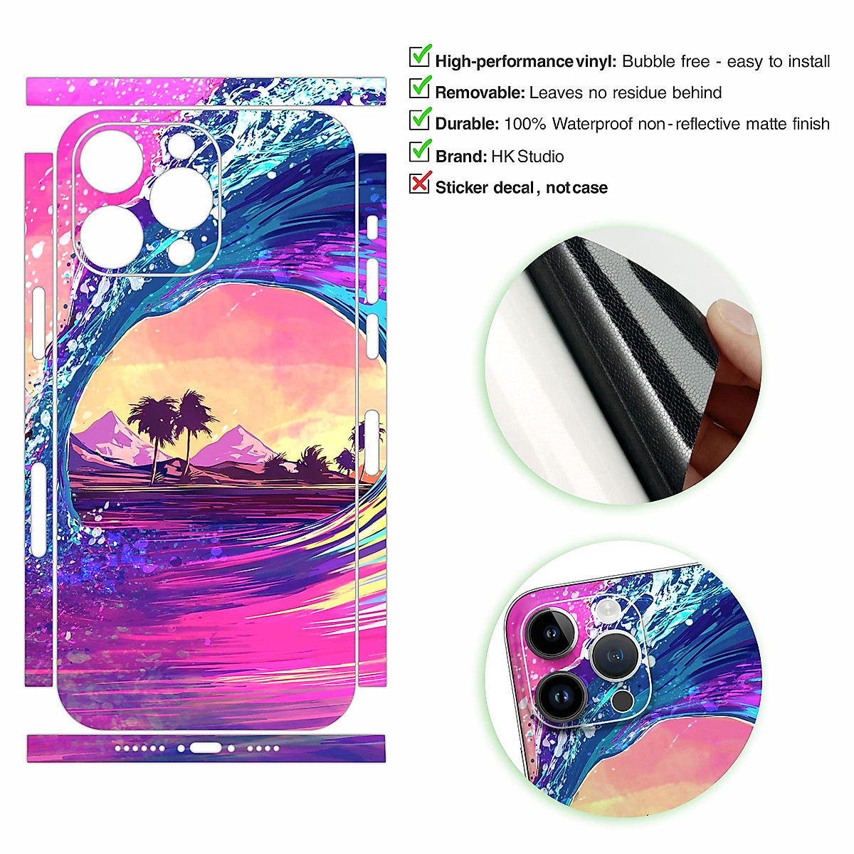HK Studio Hippie Wave Skin Decal (Not Case) for iPhone 14 Pro Max - No Bubble, Slim, Waterproof - Protecting & Personalizing iPhone's Back, Camera, Frame Pink