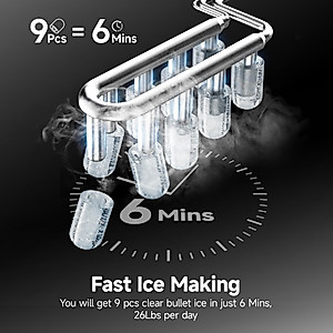 EUHOMY Ice Maker Countertop, 9 Cubes Ready in 6 Mins, 26lbs/24H, Self-Cleaning, Portable Ice Maker Machine with Carry Handle, Basket and Scoop, 2 Sizes of Bullet Ice for Home, Kitchen, Office