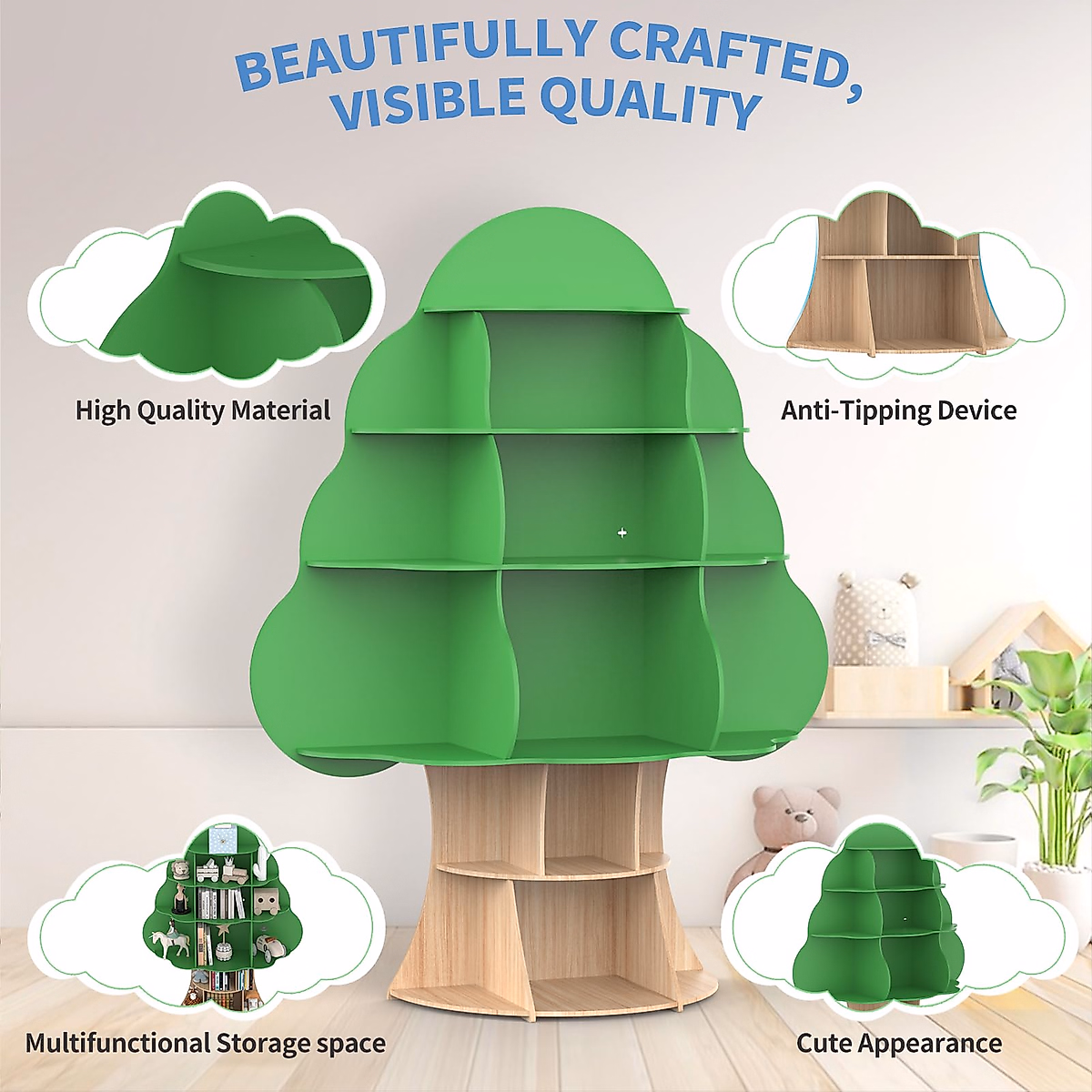 Tree Kids Bookshelf, Toddler Wood Bookcase, 16-Cubby Children Toy Storage Organizer Book Shelf for Kids Rooms, Nursery, Bedroom, Living Room, Classroom, Boy Girl’s Gift (Green Tree)