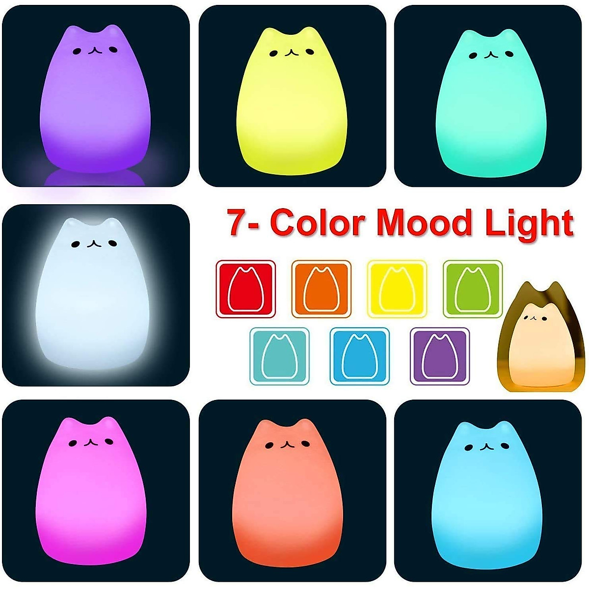 SunPlusPower Cute Kitty Night Light, Cat Night Lamp Animal Silicone Lamps with Touch Sensor -Portable Color Changing Glow Soft Cute Christmas Kitty Silicone Nightlights for Women Teen Girls Baby