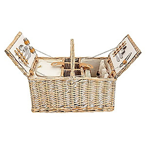 Wicker Picnic Basket Set for 4 with Insulated Cooler Bag, Silverware, Glasses, Napkins, Double Lid, Straw/White Finish