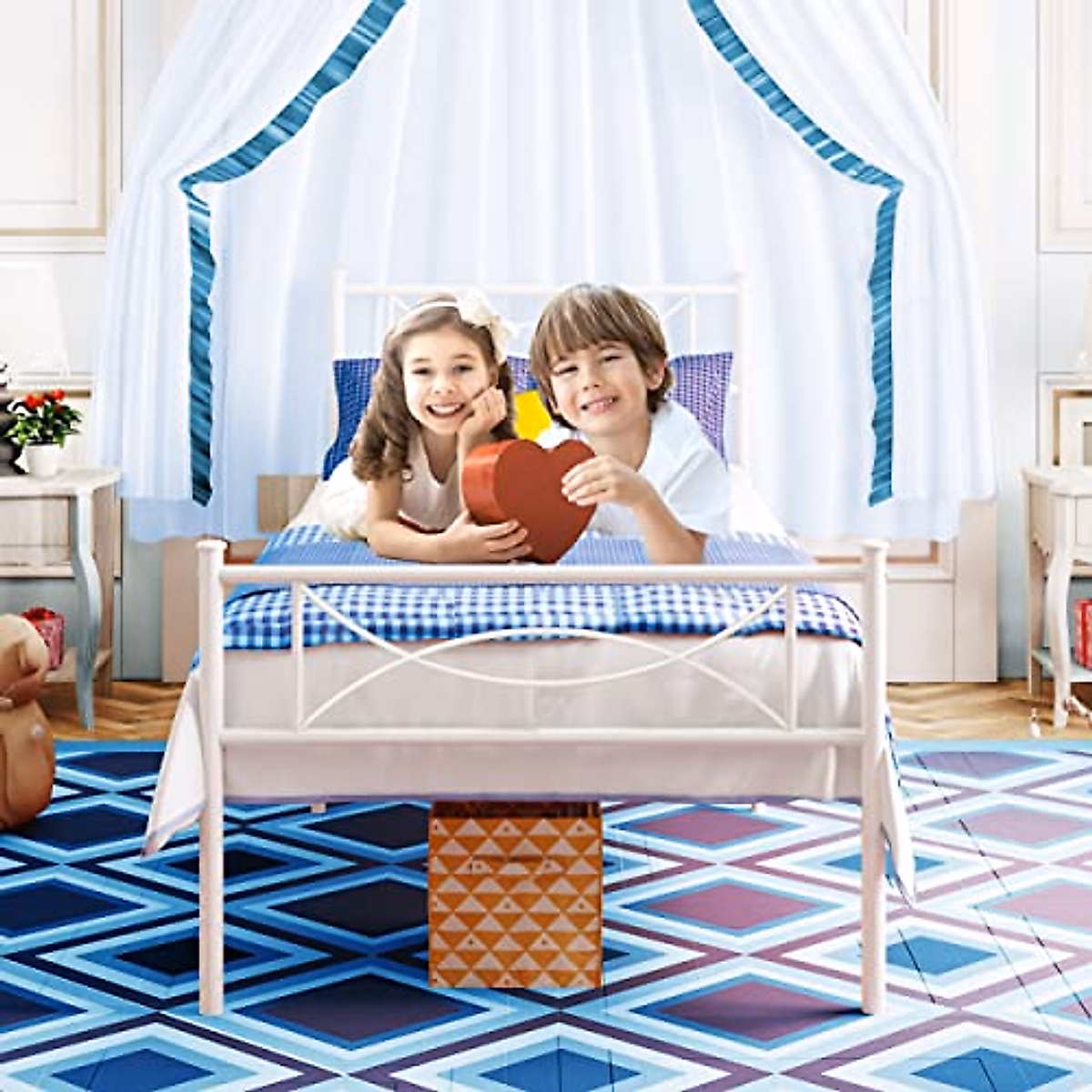 GIME Twin Bed Frames with headboard for Girls Boys Adults Teenagers, Twin Size Bed Frame Single Platform Beds with Storage for Student, Easy Assembly, No Box Spring Needed, White