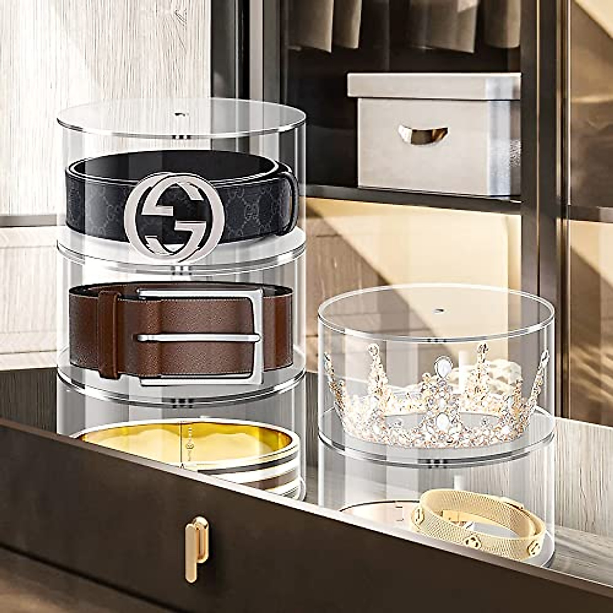 Acrylic Belt Organizer for Closet - 5 Compartments Transparent Storage Holder | Display Case for Makeup, Jewelry, Watches, Bow Tie, & Bracelets | Multipurpose Clear Containers & Versatile Design