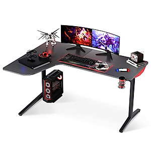 MOTPK Large L Shaped Gaming Desk, 60-inch Real Carbon Fiber Gaming Desks for PC Writing Studying, Corner Desk for Home Office Laptop Workstation, with Mouse Pad and Cup Holder