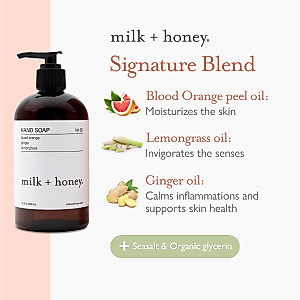 milk + honey Liquid Hand Soap No. 35, Moisturizing Hand Soap with Blood Orange, Lemongrass, and Ginger, Bright and Citrus Natural Hand Soap, 12 Fl Oz