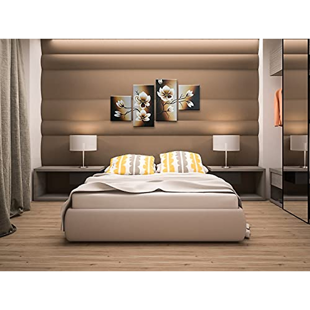 100% Hand-painted Wood Framed Abstract Floral Oil Painting on Canvas Warm Day Yellow Flowers Bloom Ready to Hang for Living Room Bedroom Home Decorations 4pcs/set