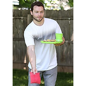 Great Plate Reusable Plastic Plates for Parties with Built-In Cup Holder - Set of 6 Party Plates and Cups for Kids or Adults for Tailgating BBQ Camping Picnics (Red, White and Green, Square)