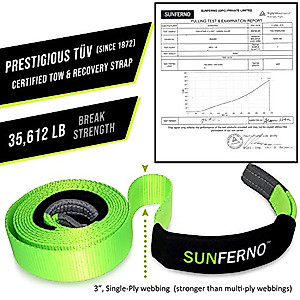 Sunferno Recovery Tow Strap 35000lb - Recover Your Vehicle Stuck in Mud/Snow - Heavy Duty 3" x 20' Winch Snatch Strap - Protective Loops, Water-Resistant - Off Road Truck Accessory - Storage Bag