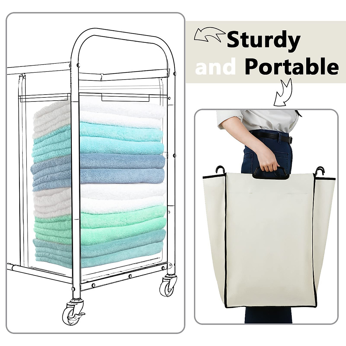 Laundry Sorter Replacement Bags Hamper Cart Removable Replacement Bags Laundry Storage Organizer Bag Laundry Hamper Liner, No Hooks 14.76 x 8.66 x 21.65 Inch (Beige, 3 Pcs)