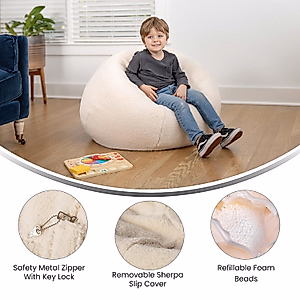 Flash Furniture Dillon Sherpa Bean Bag Chair, Classic Refillable Bean Bag Chair for Kids and Teens, Small, Natural