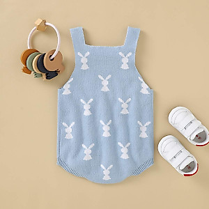 Baby Girl Boy Easter Bunny Romper Sleeveless Knitted Bodysuit Jumpsuit My 1st Easter Outfit Cute Clothes (Rabbit Onesie- Blue, 6-12 Months)