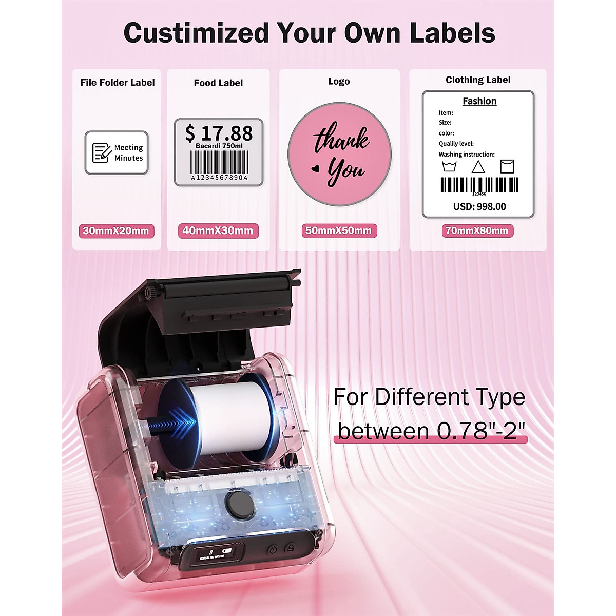 Phomemo M200 Label Makers - 3 Inch 2024 Upgrade M110 Barcode Printer Computer Bluetooth Thermal Label Makers,for Android iOS Windows MAC OS,for Shipping,Labeling,QR Code(Type-C Charger)-Pink