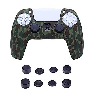Silicone Cover Skin Case Accessories for Sony PS5 Controller with Pro Thumb Grips Caps Set Camo Green