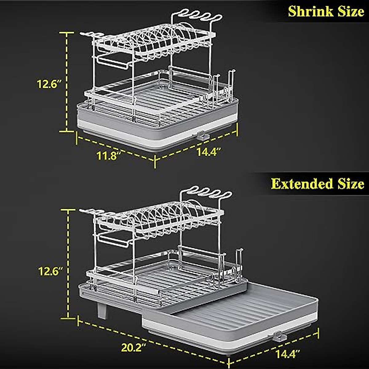 Z&L HOUSE Dish Drying Rack for Kitchen Counter, Upgraded 2 Tier Expandable Dish Dryer Rack Create More Space, Large Dish Rack with Automatic Drainer, Durable Metal Dishrack for Kitchen Gray