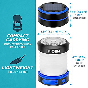 KIZEN Solar Camping Lantern - LED Lanterns for Power Outages, Camping Lights, Emergency Flashlight - Collapsible Lamp, Rechargeable W/ Solar or Plug