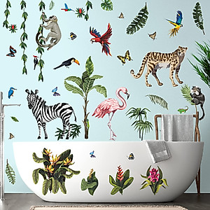 Amaonm Removable 3D Nature Wildlife Animals with Plants Green Leaves Tree Vine Wall Sticker Monkey Birds Leopard Peel and Stick Decor Wall Decals for Home Wall Kids Baby Bedroom Living Room Nursery