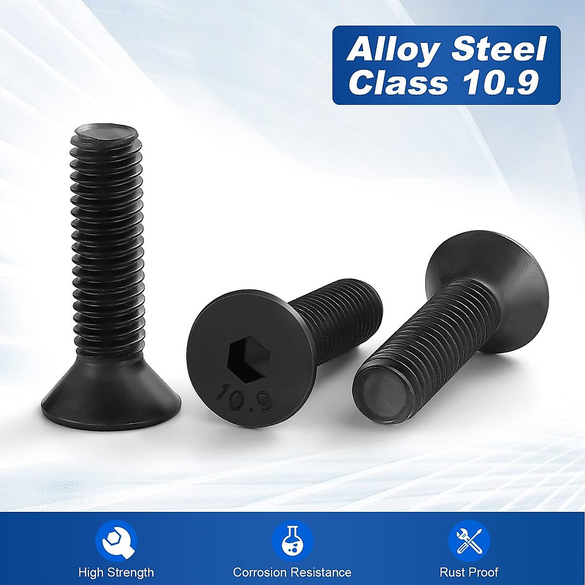 M5-0.8 x 10mm Flat Head Socket Cap Screws Countersunk Bolts, Class 10.9 Black Oxide Alloy Steel, DIN 7991, 100 PCS