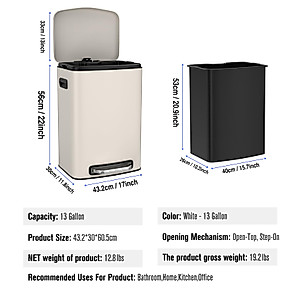 Pouseayar 13 Gallon Stainless Steel Foot Pedal Trash Can with Soft Close Lid, White, 13"L x 17"W x 23.46"H