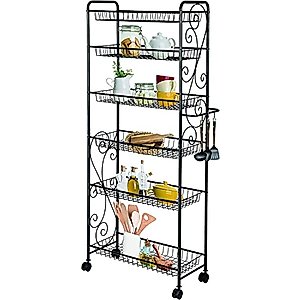 HLC 6 Tier Freestanding Metal Bathroom Kitchen Storage Shelf Rack with Wheels Black