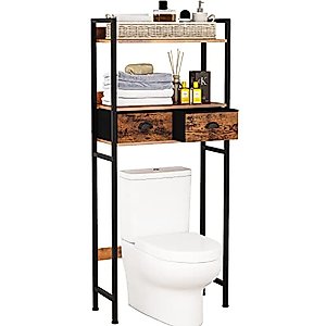 Furnulem Over The Toilet Storage Cabinet with 2 Drawers, 3-Tier Bathroom Organizer Space Saver Rack Wood Shelf, Floor Mount Above Toilet,Freestanding with Adjustable Feet (Rustic Brown)