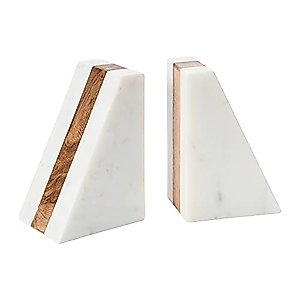 Main + Mesa Marble Geometric Bookends with Wood Inlay, White