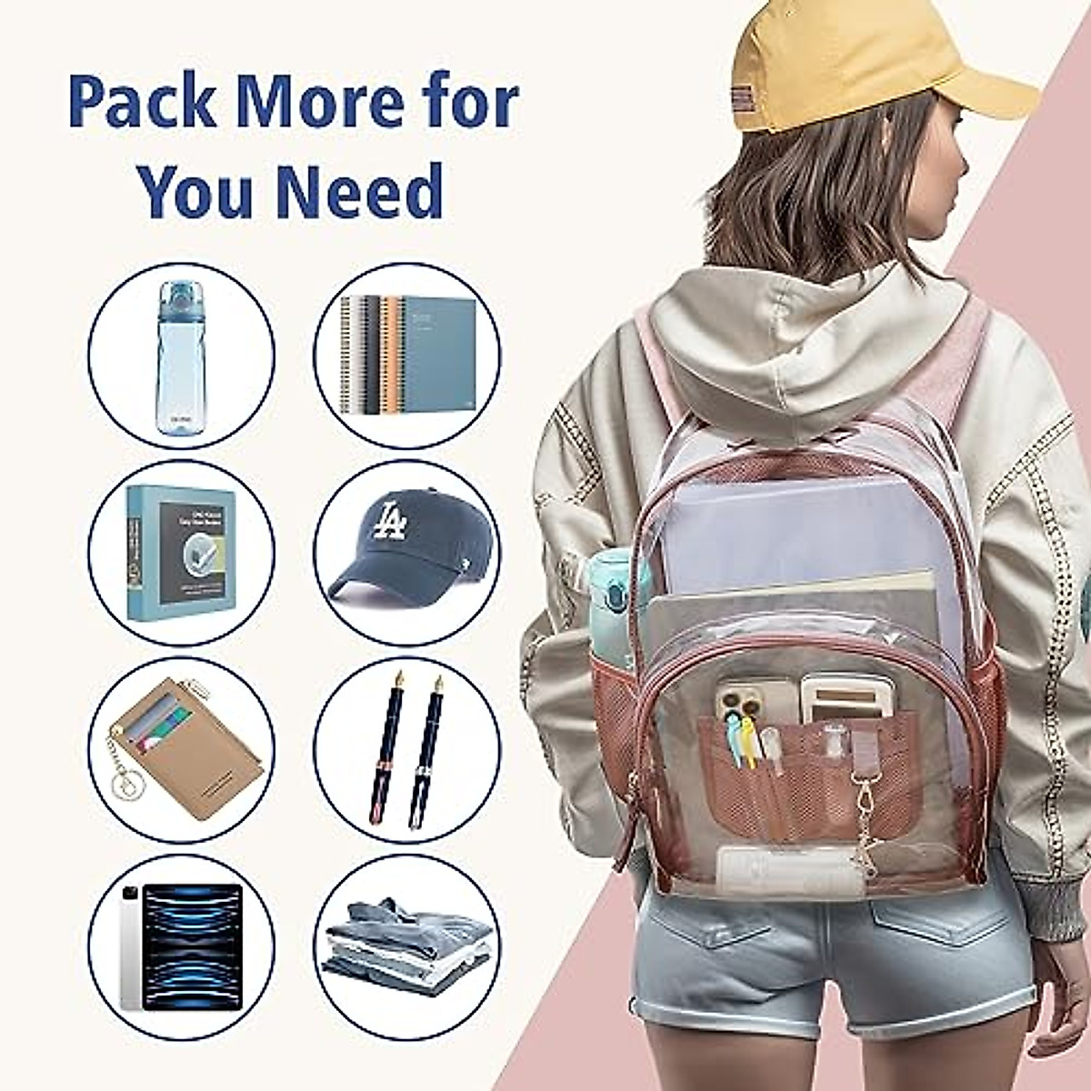 F-color Clear Backpack Heavy Duty - Large Clear Backpacks for School PVC Transparent Bookbag for Students Work Stadium Travel,Pink