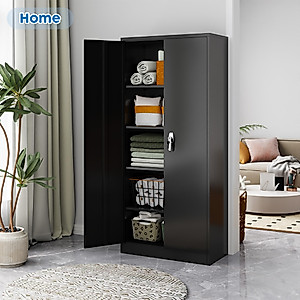 Metal Garage Cabinet,Storage Cabinet with 2 Doors and 4 Adjustable Shelves,71”Steel Lockable File Cabine,Tool Cabinets for Office,Home,Garage,Gym,School(Black) Assembly Required.