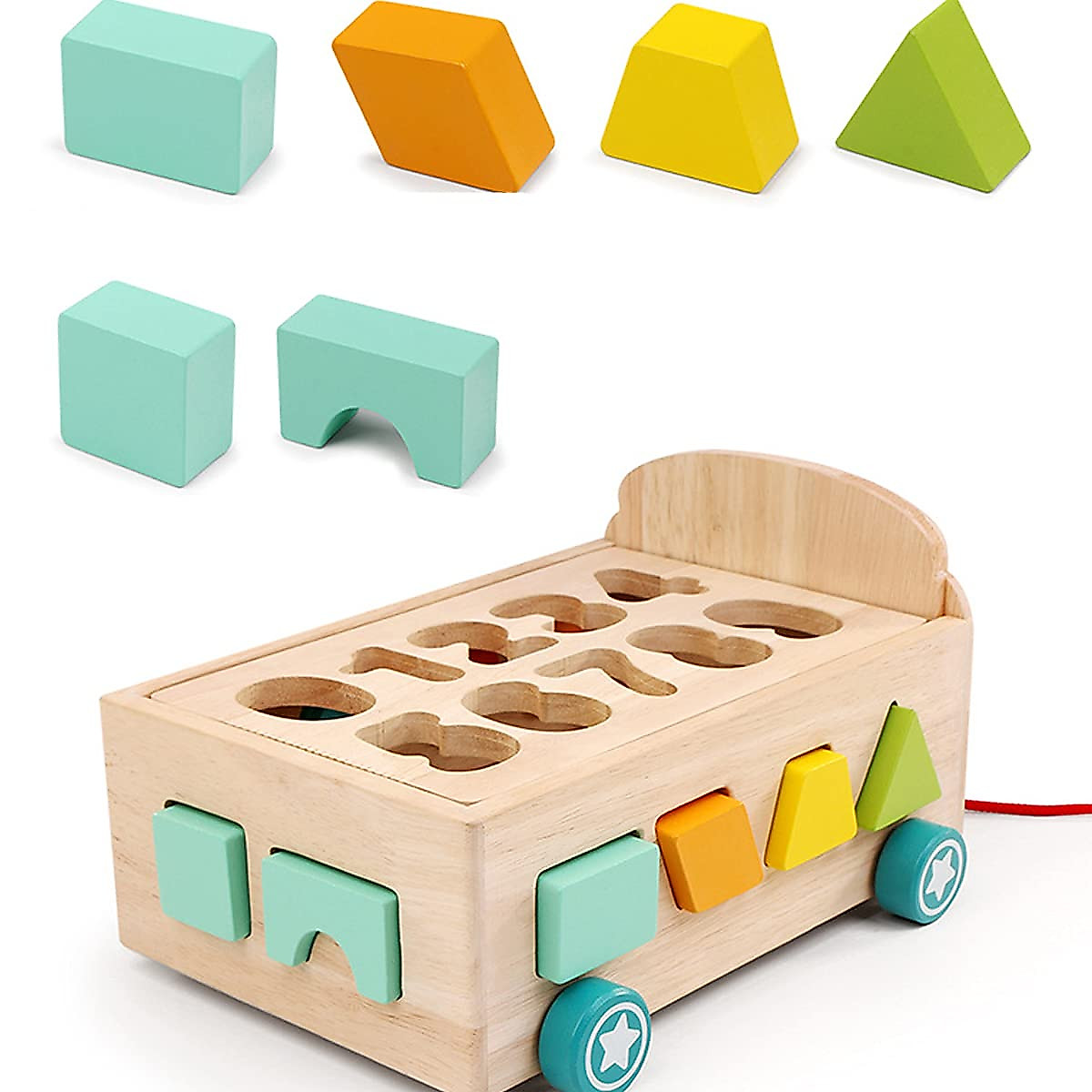 Classic Wooden Toddler Toy Age 2-4 Pulling Bus 123 Number Learning Shape Puzzle Sorting Match Game Montessori Sensory Material for Kids