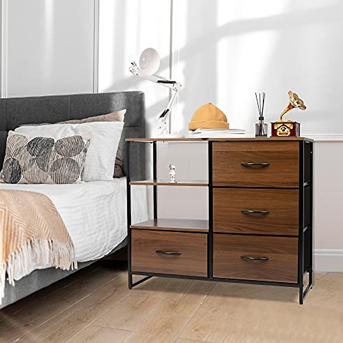 CONNOO Fabric Dresser with 4 Drawers and 2 Side Shelf, Lightweight Industrial Storage Unit Organizer for Entryway, Bedroom, Nightstand, Office, Kitchen