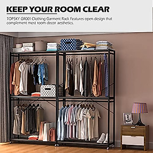 TOPSKY Clothes Rack, Clothing Garment Rack on Wheels, 3 Tiers Shelves Double Hanging Rod Clothes Garment Racks with Storage Shelves Heavy Duty (Espresso Gray)