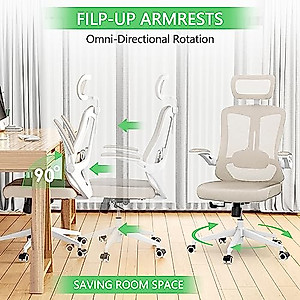 balmstar Ergonomic Office Chair, Home Office Desk Chair with Adjustable Headrest & Lumbar Support, Swivel High Back Computer Chair, Breathable Mesh Desk Chair, PU Silent Wheels, Flip-Up Arms (Khaki)