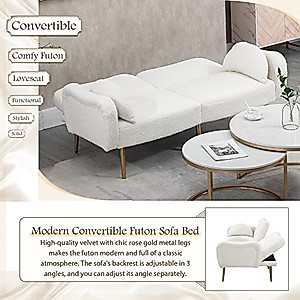 Modern Velvet Futon Sofa Bed, Convertible Loveseat with 2 Crescent-shaped Pillows, Small Sleeper Sofa with 3 Adjustable Positions, Upholstered Living Room Couch with 7 Metal Tapered Legs, White Teddy