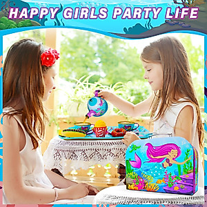 48PCS Tea Party Set for Little Girls - Princess Tea Time Mermaid Theme Tin Tea Set, Role-Playing Teapot Dessert Carrying Box for Girls Ages 3+ Party Gifts, Kitchen Pretend Play, Table-Manner Learning