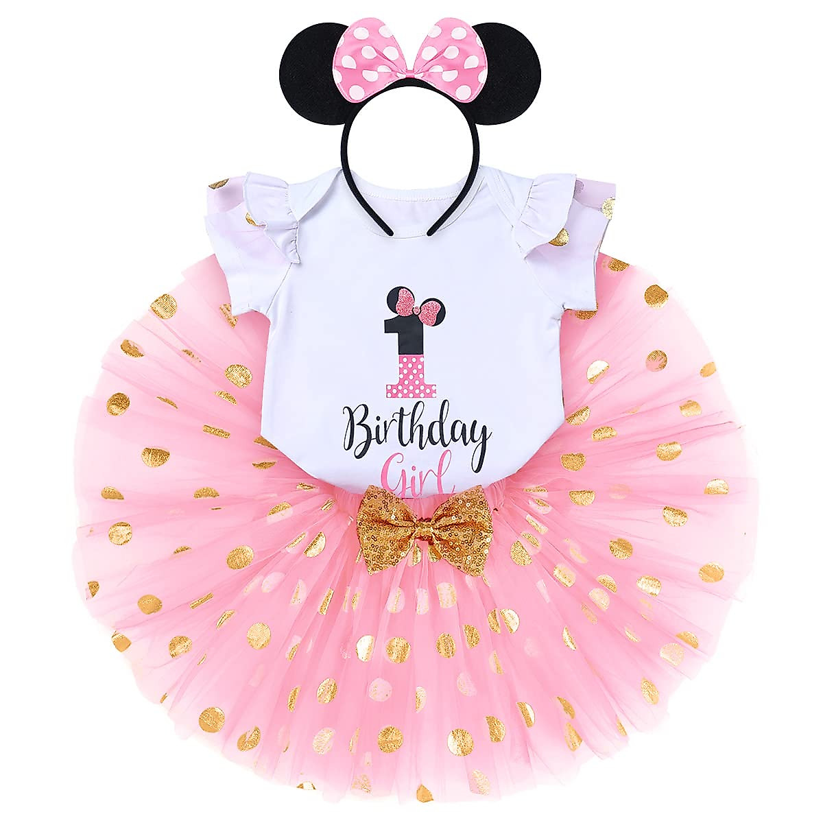 Cake Smash 1st 2nd 3rd Birthday Girl Princess Outfit Polka Dots Dress Ruffle Tulle Tutu Skirt Set Wild ONE Party Dance Fancy Carnival Costume w/Headband Pink-1st 1T