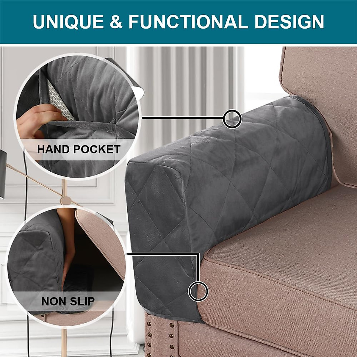 Turquoize Velvet Armrest Covers for Chairs and Sofas Couch Armrest Cover for Recliner with Side Pocket Non-Slip Arm Covers Protector for Dogs Washable Armrest Slipcovers Set of 2, Gray