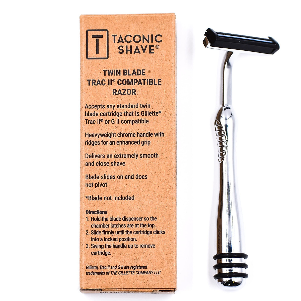 Taconic Shave, Heavyweight All Metal Non-Pivoting Twin Blade Cartridge Razor – Compatible with GIllette Trac II, Personna Twin, and Taconic Twin Blade Refills. -10 Taconic Shave Cartridges included