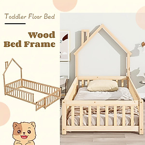 Twin Floor Bed with Rails and House-Shaped Headboard Kids Bed Frame with Fence and Doors Twin Size Wood Montessori Floor Bed for Baby Girls Boys, Natural