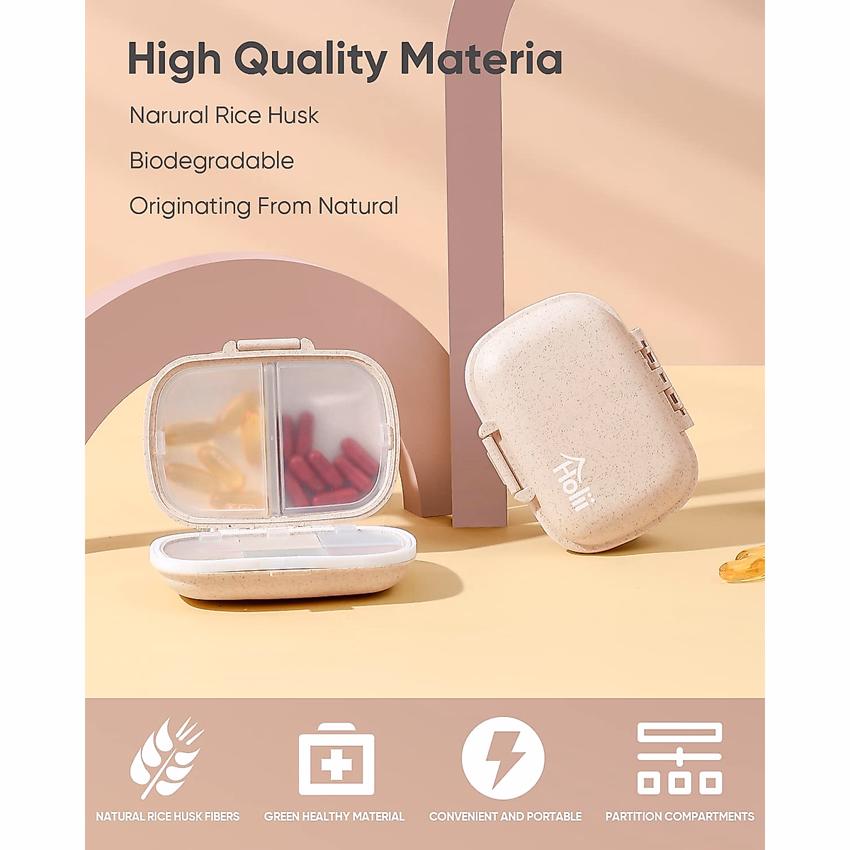 Holii Travel Pill Organizer, 8 Compartments Portable Pill Case, Daily Pill Box to Hold Vitamins, Small Pill Container for Pocket Purse Medicine Organizer（Khaki）