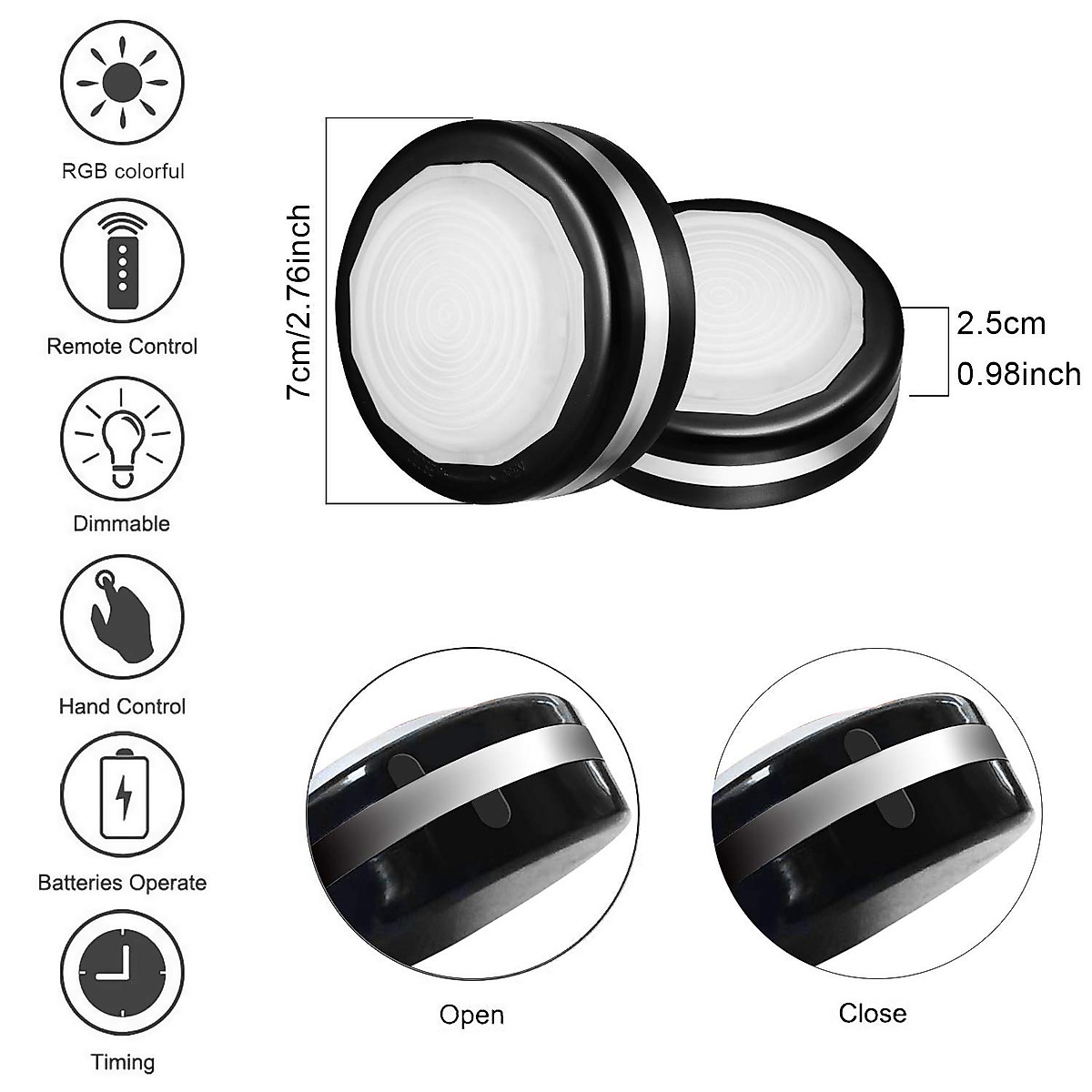 Bjour LED Puck Lights Color Changing Under Counter Lighting Battery Powered Stick On Lights Kitchen Cabinet Lights with Remote Control Black Under Cabinet Light RGB Closets Lights, 9 Pack