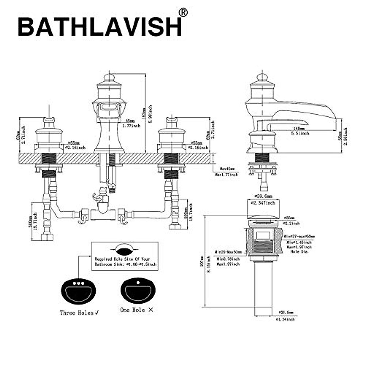 BATHLAVISH Matte Black Bathroom Faucet 3 Hole Waterfall Widespread with Pop Up Drain Farmhouse 8 Inch 2-Handle with Overflow Vanity Sink Lavatory Matte 3 Piece Set