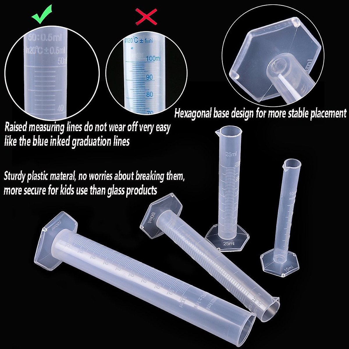 Buytra 5 Sizes Clear Plastic Graduated Cylinders (10 25 50 100 250ml) 5 Pack Plastic Beakers Set- 50, 100, 250, 500, 1000ML
