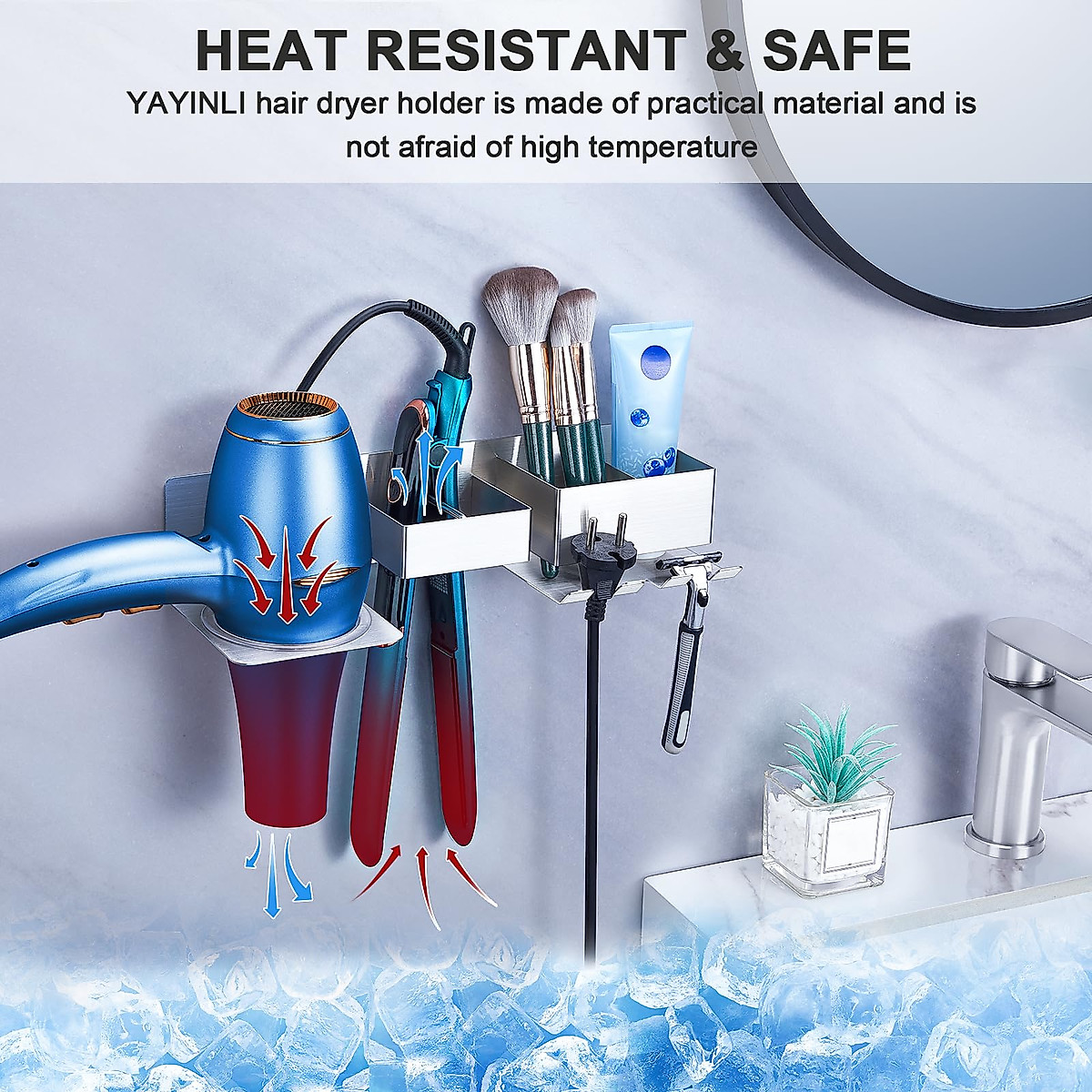 YAYINLI Hair Straightener Holder Wall, Blow Dryer and Curling Iron Holder Wall Mounted, Stainless Steel Hairdryer Holder Bathroom, Hair Tools Organizer with Plug Hook Storage, Salon Hair Dryer Holder