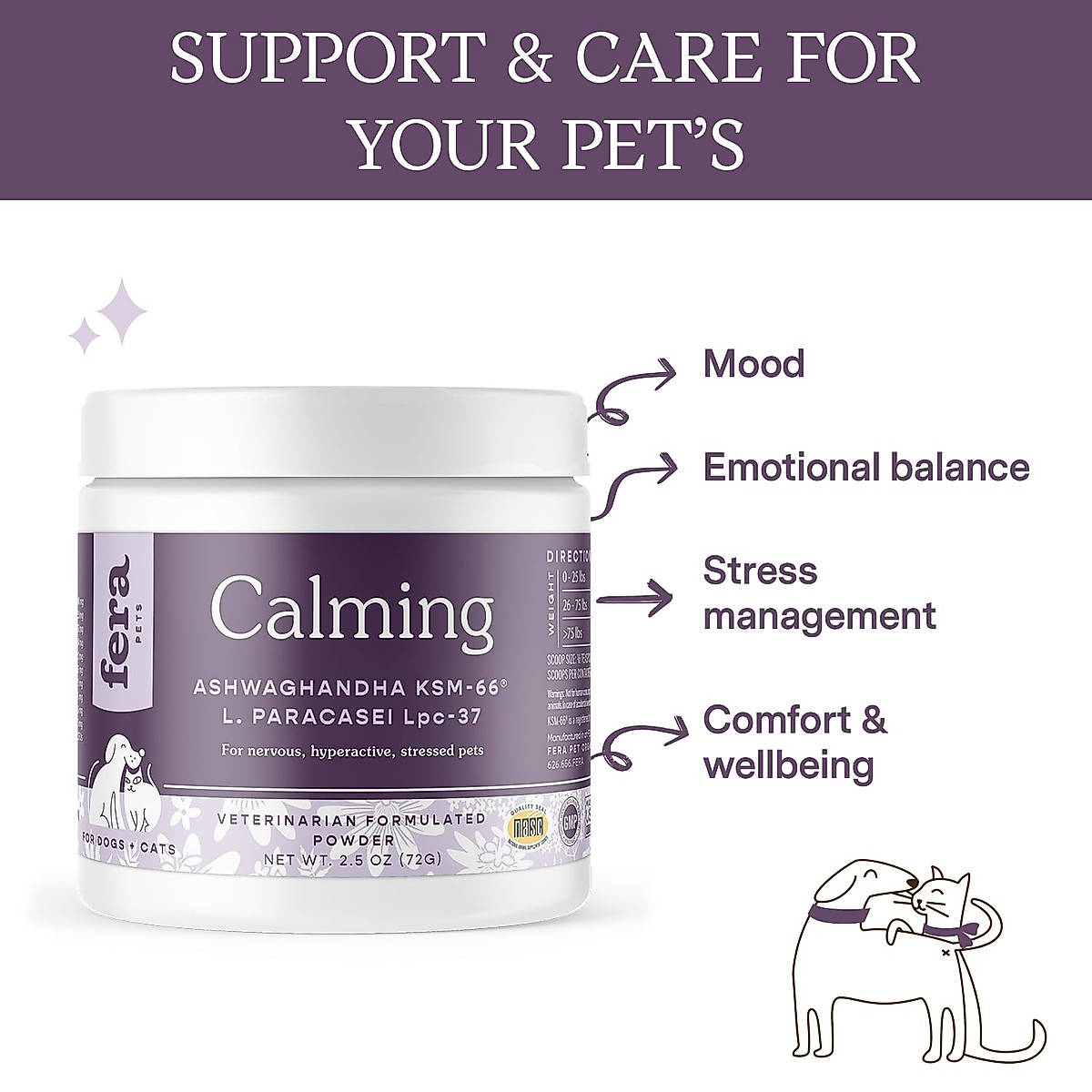 Fera Pet Organics Calming Supplement for Dogs & Cats - Vet Created - GABA & Ashwagandha Supplements Help Cat & Dog Stress or Hyperactivity -60 Scoops