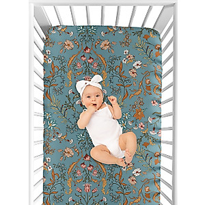Sweet Jojo Designs Boho Wildflower Vintage Floral Girl Fitted Crib Sheet Baby Toddler Bed Nursery Teal Turquoise Rust Orange Daisy Leaves Botanical Paisley Leaf Flower Bohemian Farmhouse Blue Green