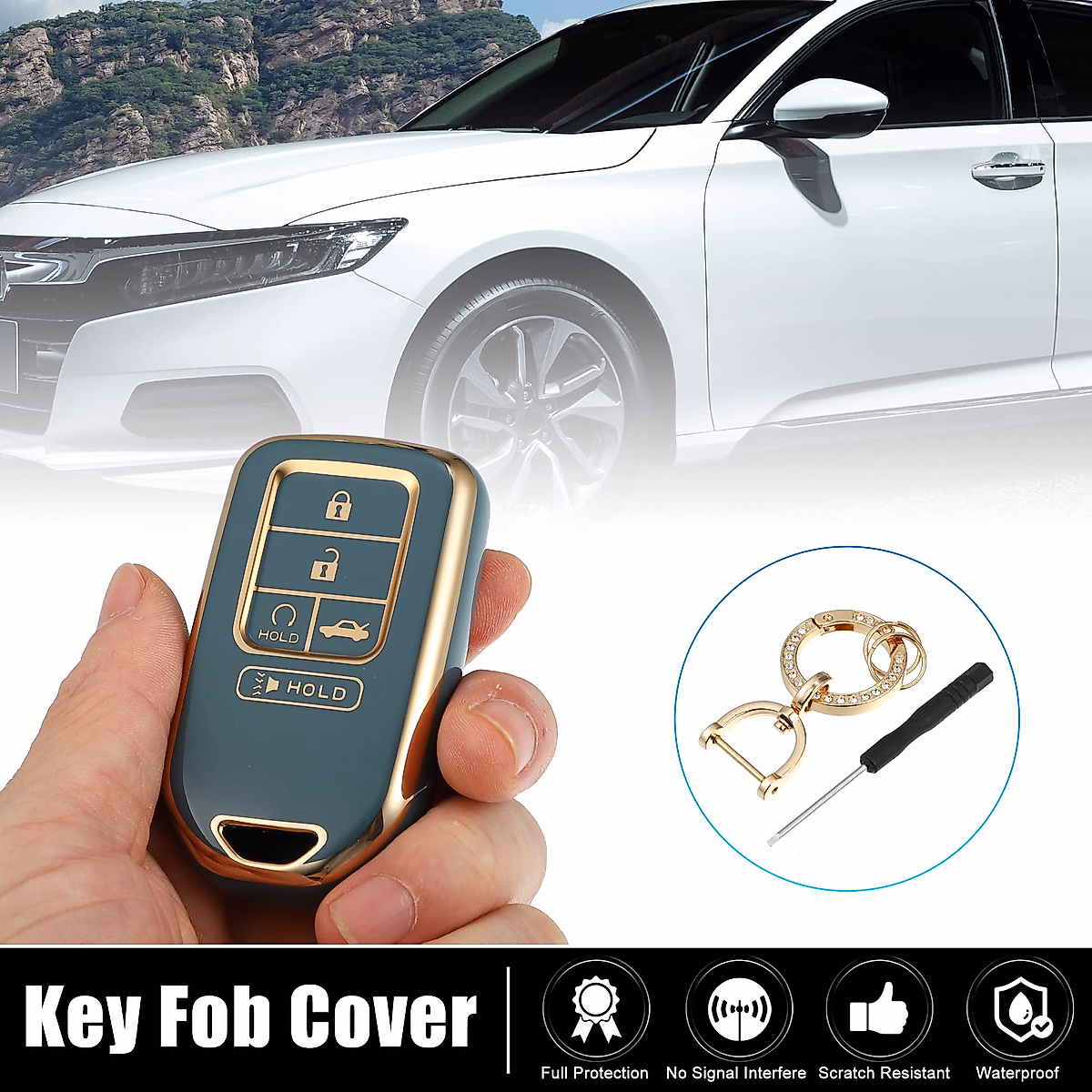 X AUTOHAUX 5 Button TPU Smart Keyless Entry Remote Control Key Fob Case for Honda Accord Civic CR-V Insight Passport Pilot with Chain Blue